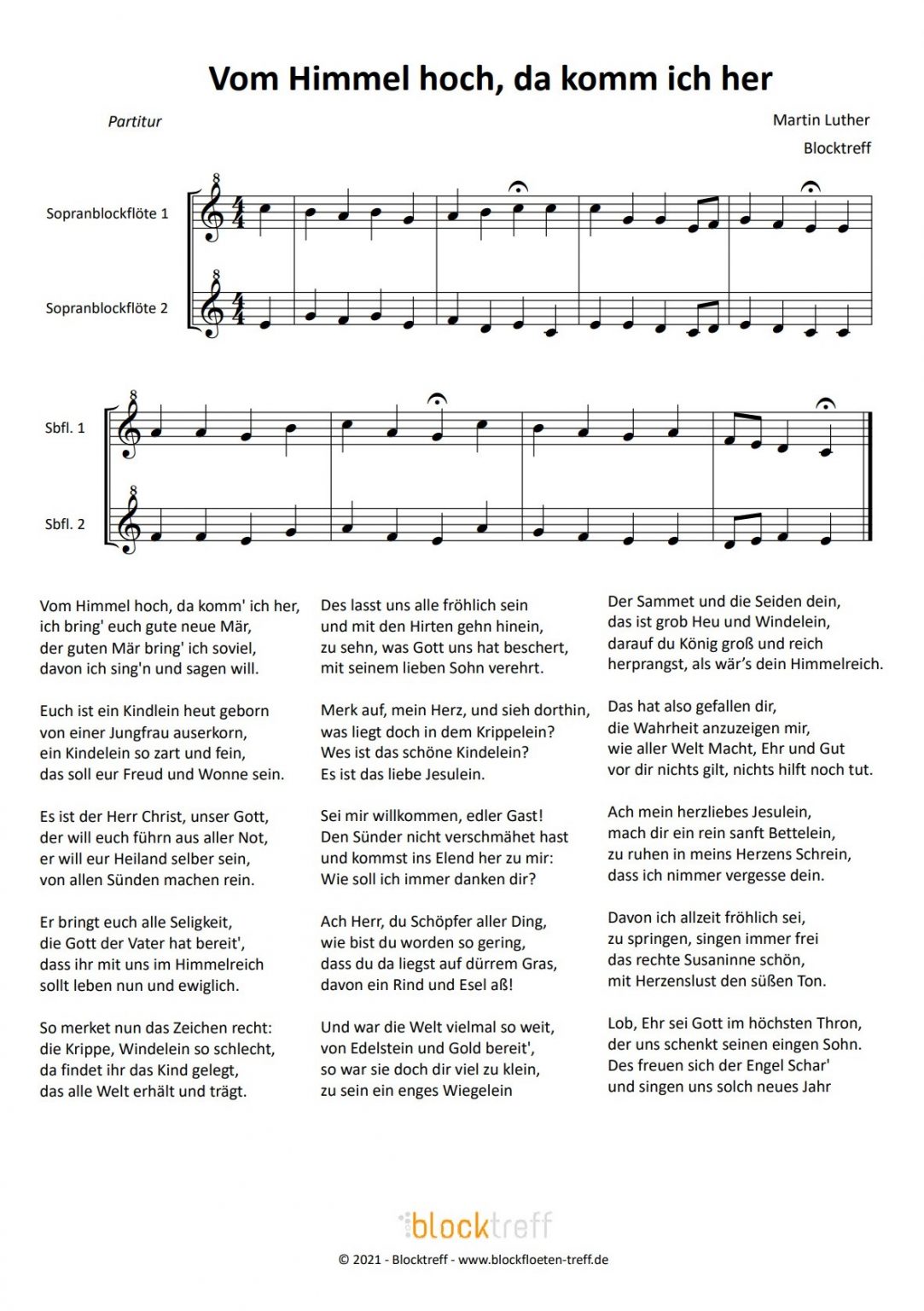 Vom Himmel hoch da komm ich her Noten für 2 Blockflöten - Blockflöten-Treff