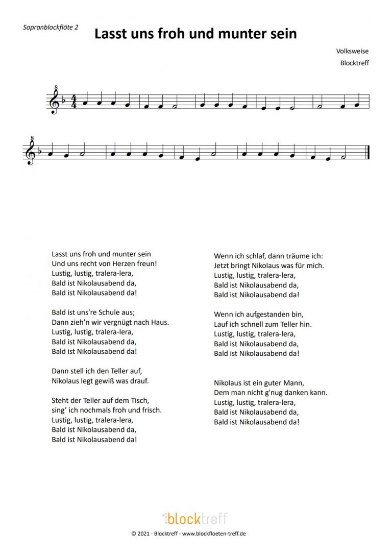 Lasst uns froh und munter sein Noten - Blockflöten-Treff