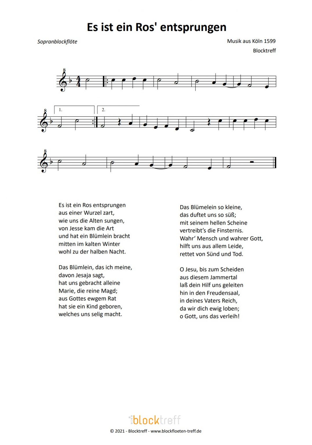 Es ist ein Ros entsprungen - Blockflöten-Treff