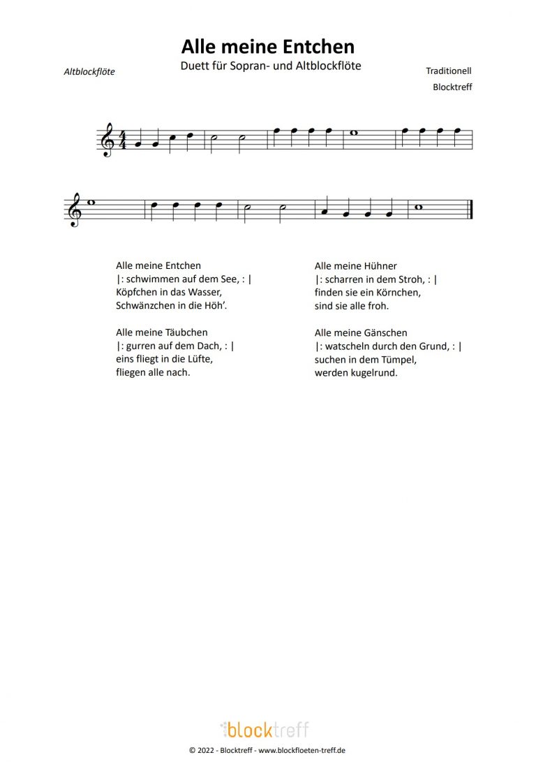 Alle meine Entchen Noten und Text - Blockflöten-Treff