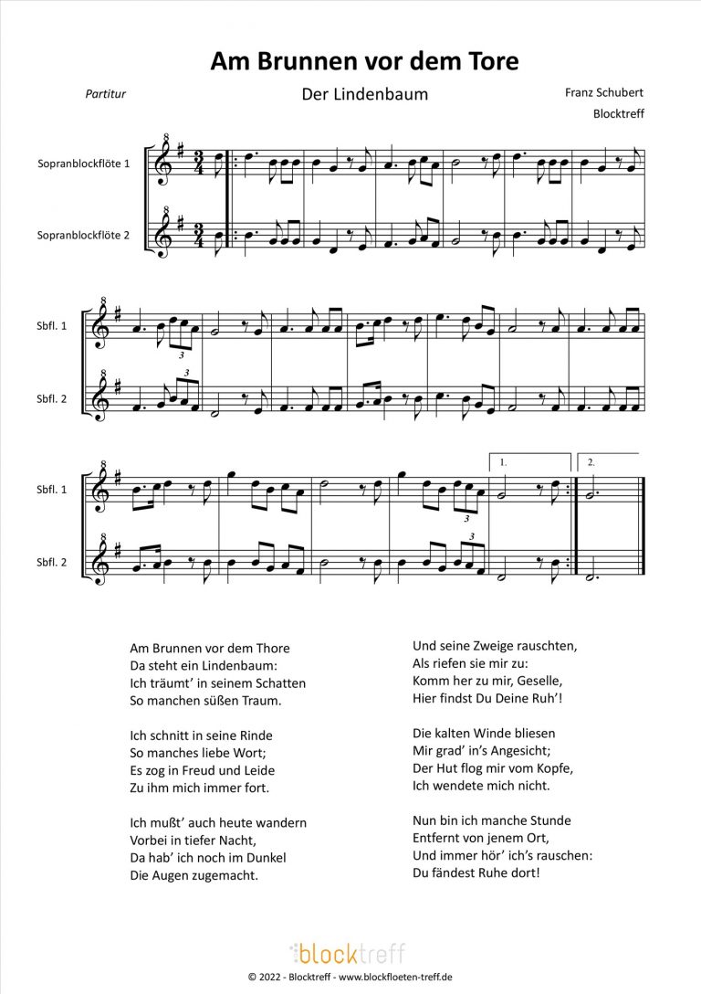 Am Brunnen vor dem Tore - Text und Noten für Blockflöte - Blockflöten-Treff