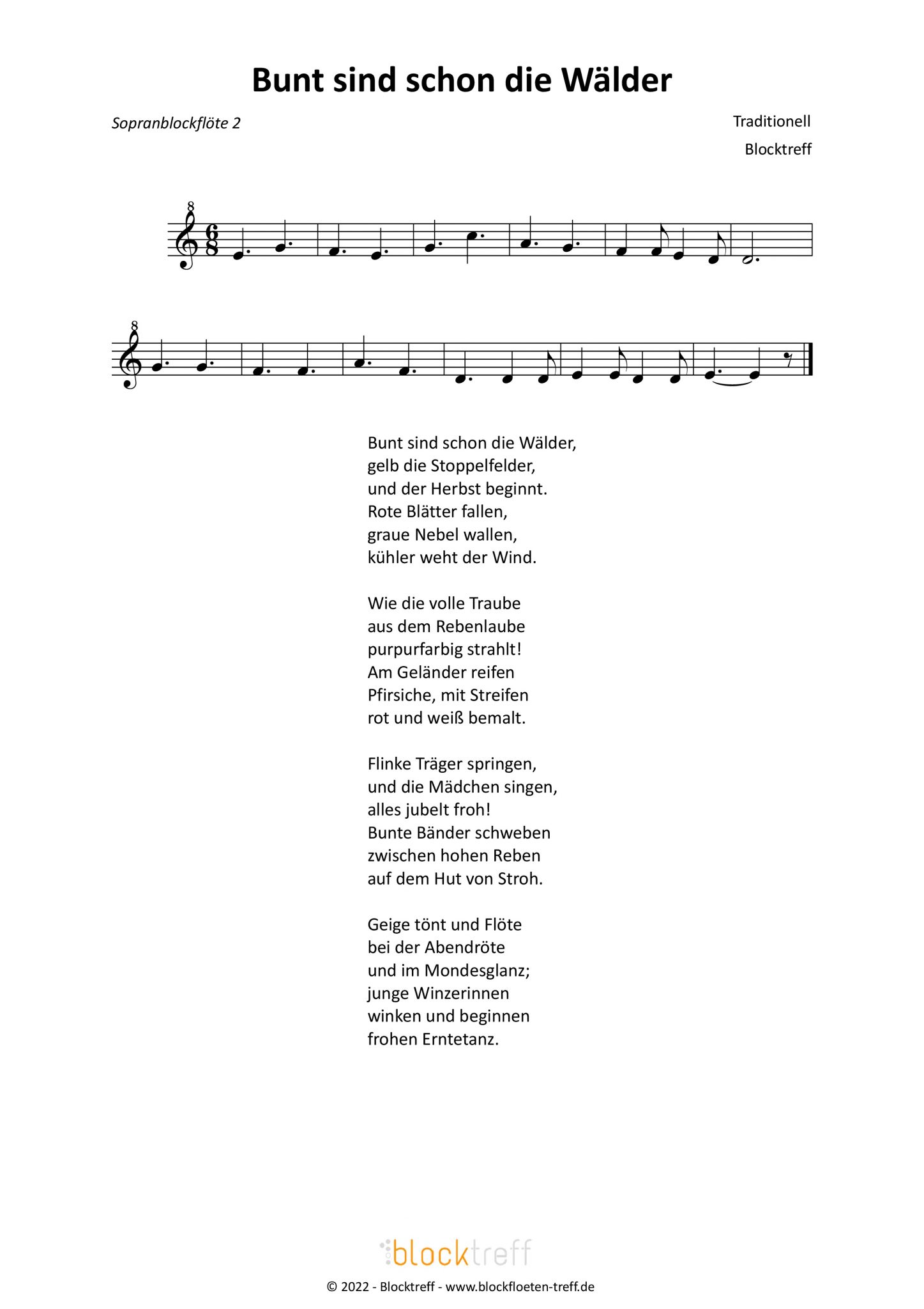 Bunt sind schon die Wälder Noten - Blockflöten-Treff