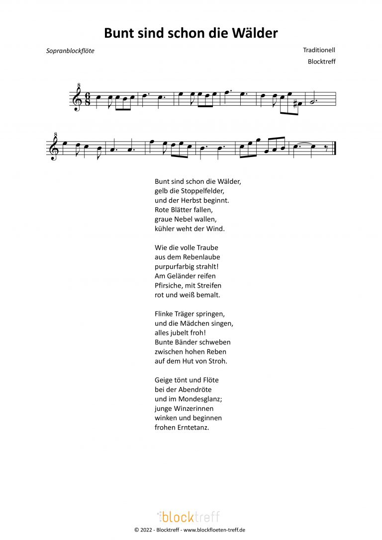 Bunt sind schon die Wälder Noten - Blockflöten-Treff