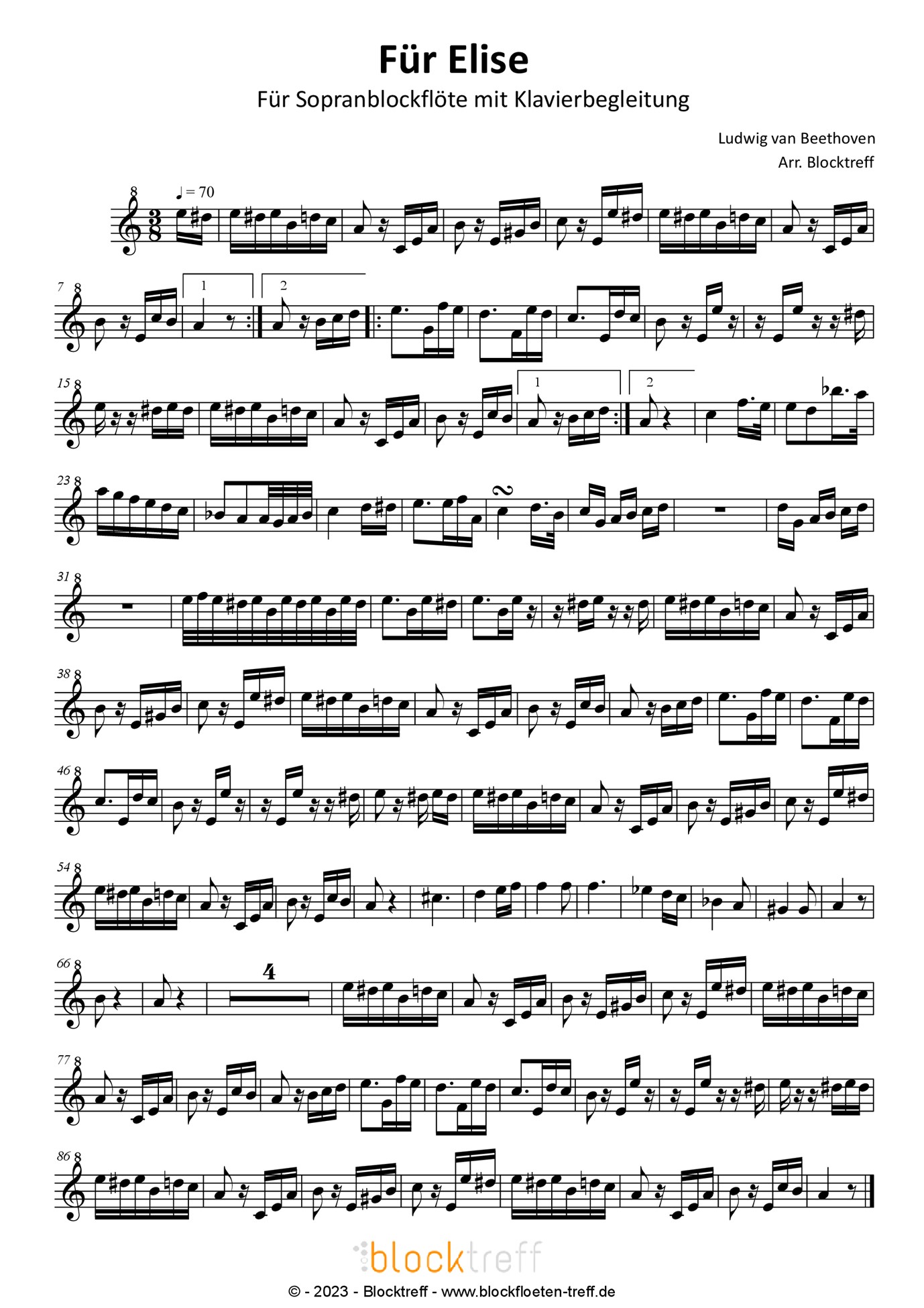 Beethoven, Für Elise Noten - Blockflöten-Treff
